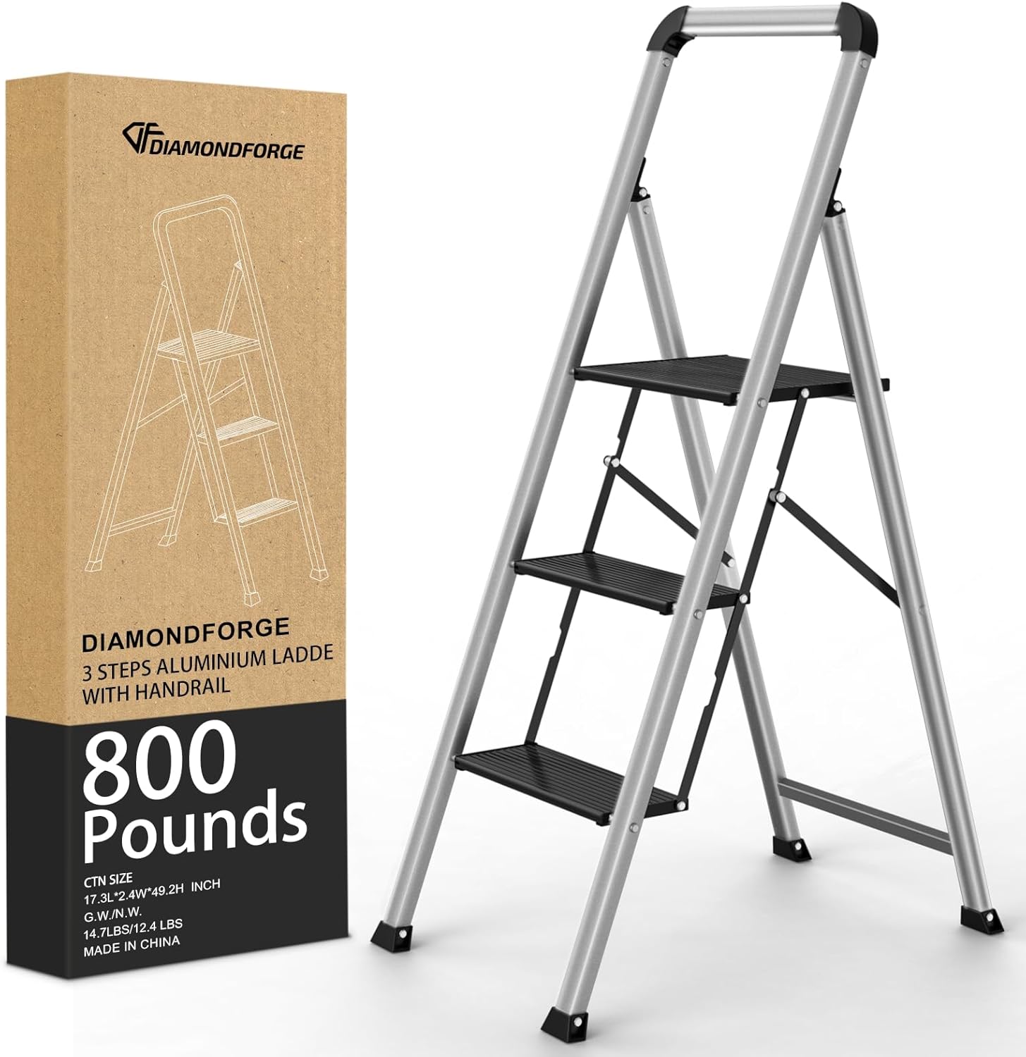 3 Step Ladder with Handrail,DIAMONDFORGE 800 lbs Capacity Aluminum ...