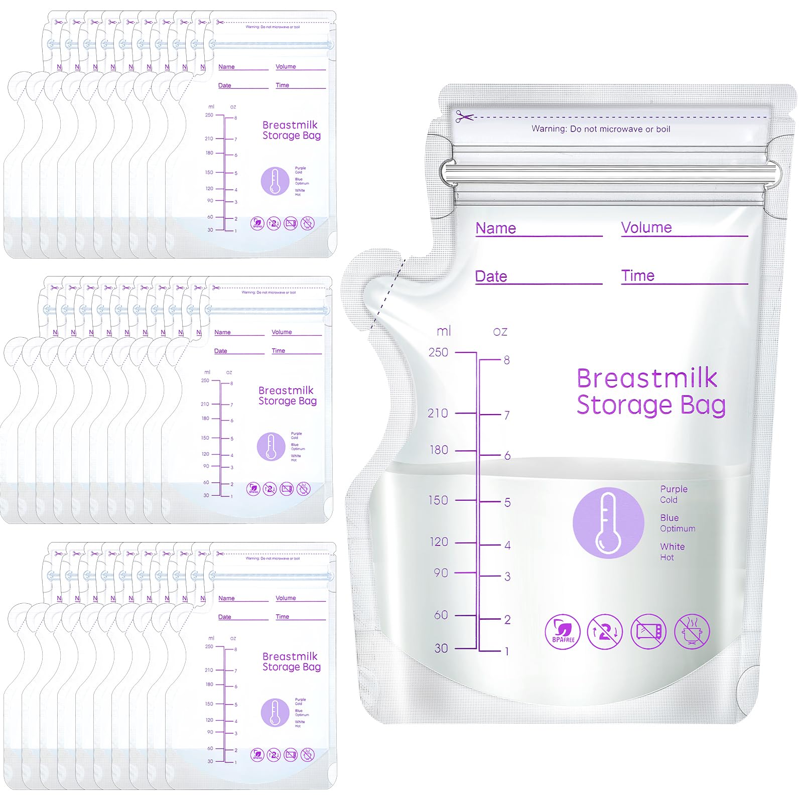 50 Pcs Breastmilk Storage Bags, 8oz Temp-Sensing Milk Storing Bags with ...