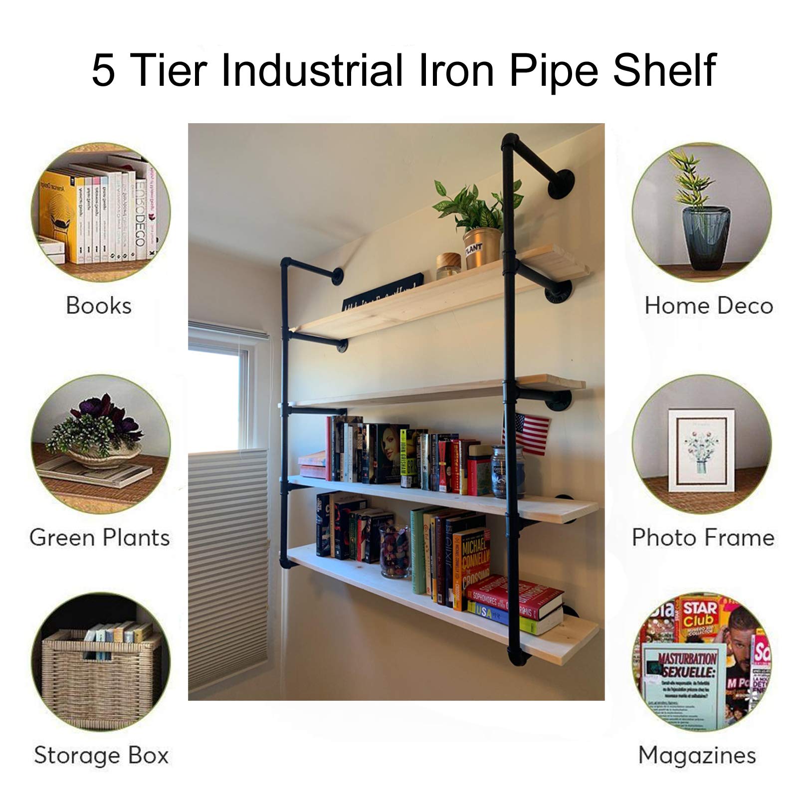 MUZIK 5 Tier Industrial Wall Mount Iron Pipe Shelf, 3/4 Inches ...