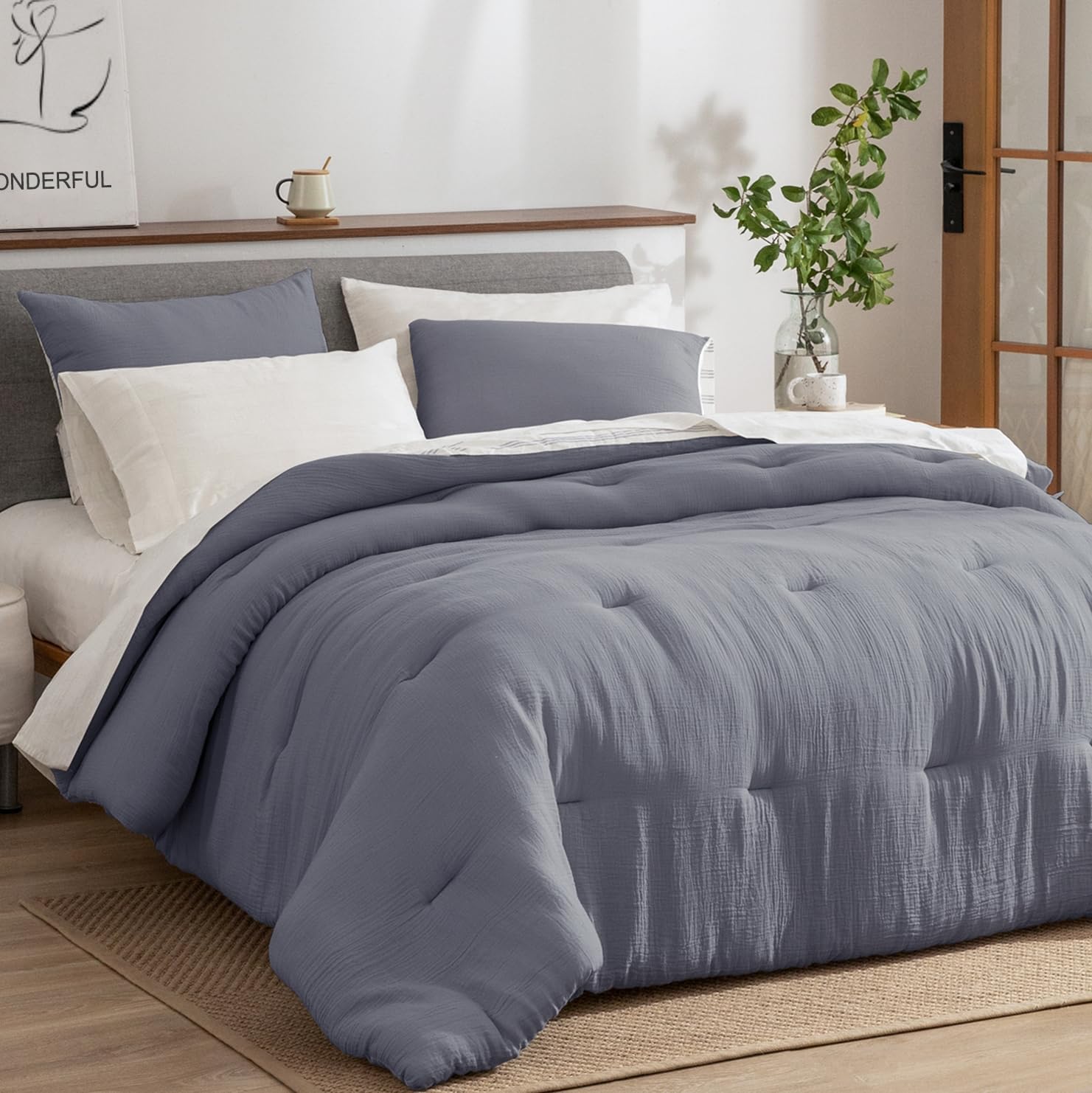 Amazon.com: SHALALA Cotton Gauze Comforter Bedding Sets,Blue Seersucker ...