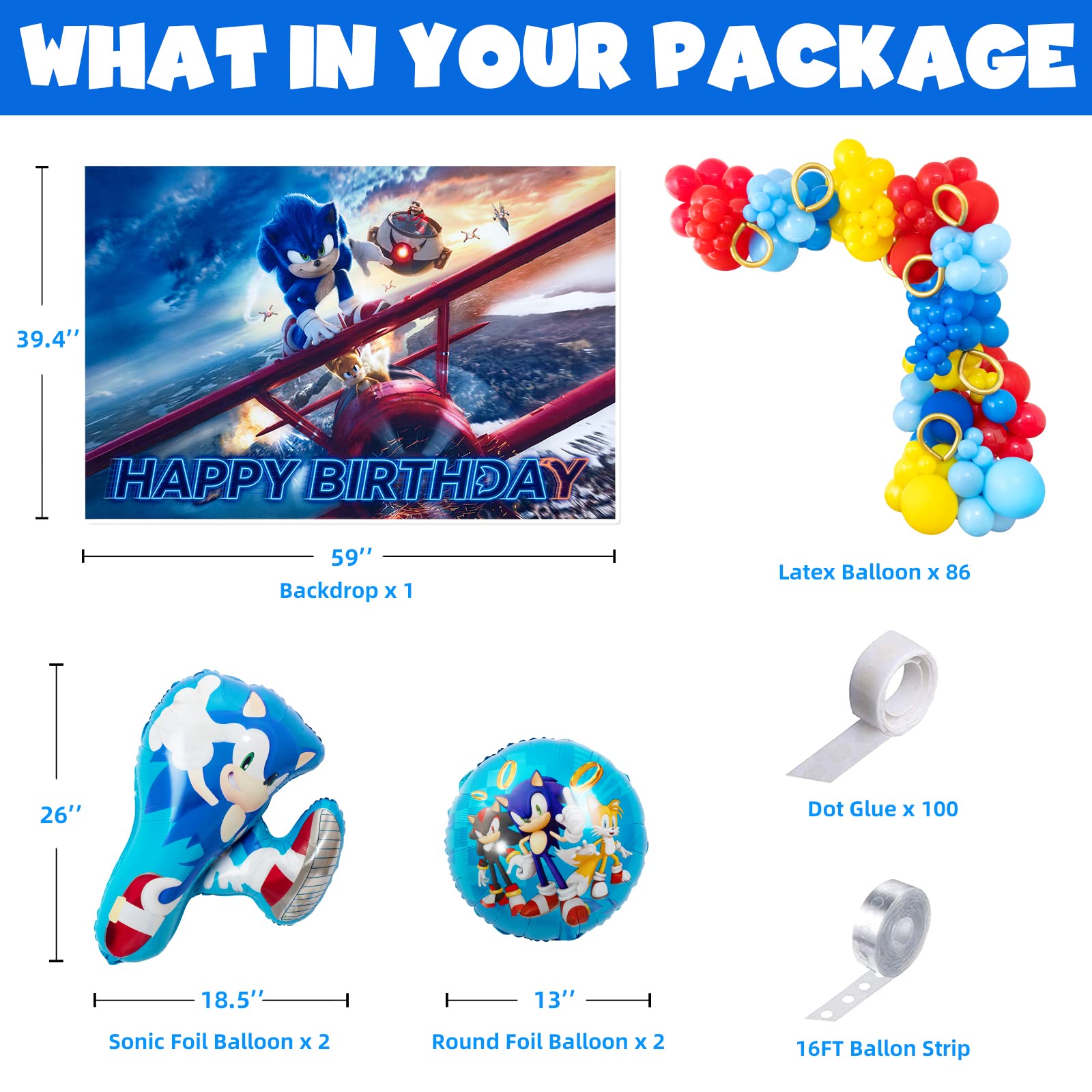 Buy Sonic 2 Birthday Party Supplies,91Pcs Backdrop Balloons Set, Sonic ...
