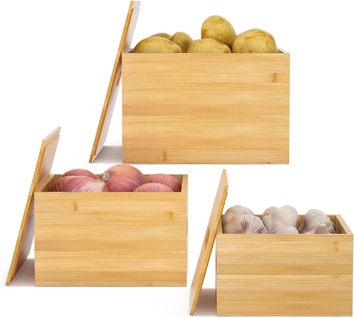 ELINIUM Bamboo Potato and Onion Storage Containers, 3 Pieces, Garlic ...