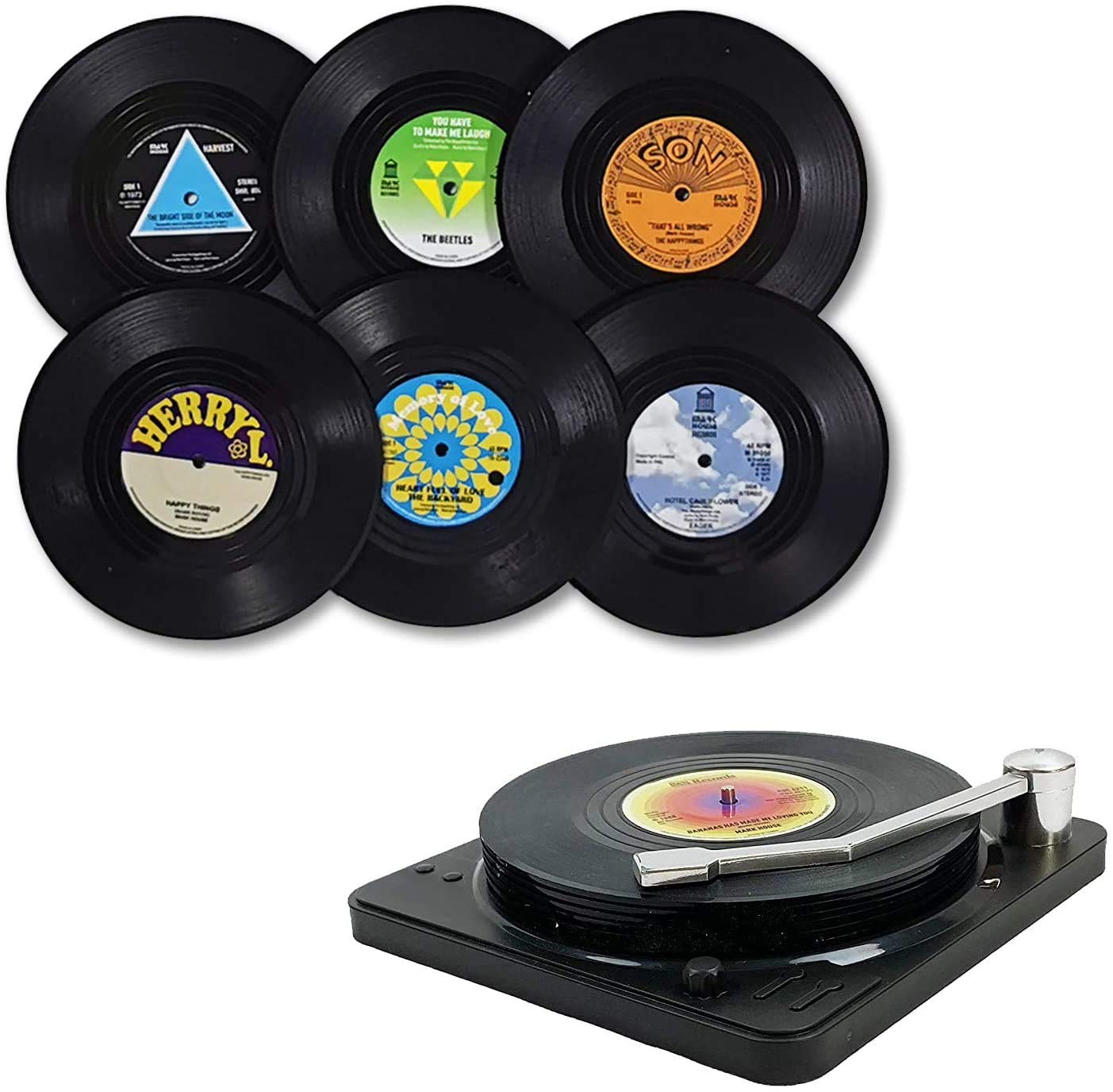 Music Coasters with Vinyl Record Player Holder,6 Pieces of Vinyl Record ...