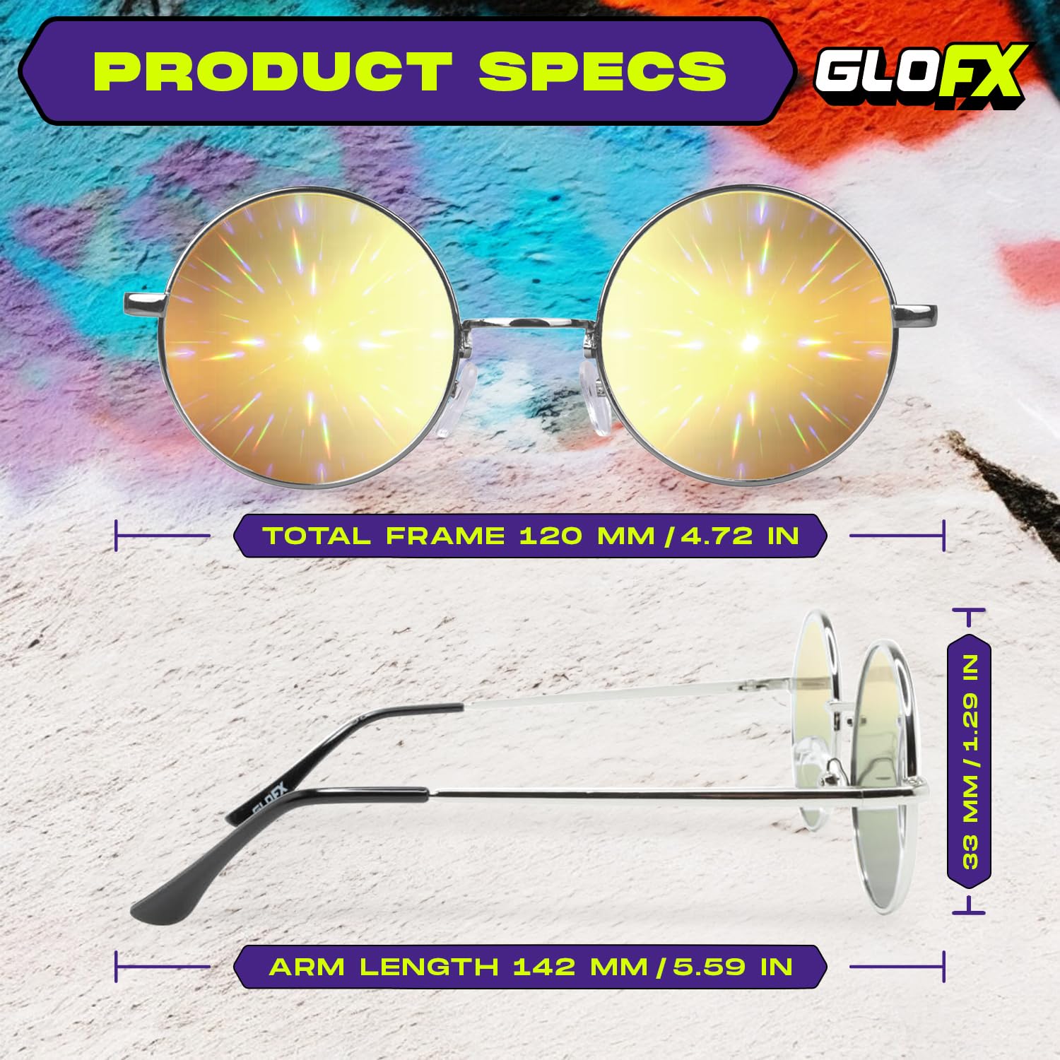 Snapklik.com : GloFX Gold Mirror Diffraction Glasses Round Metal Frame
