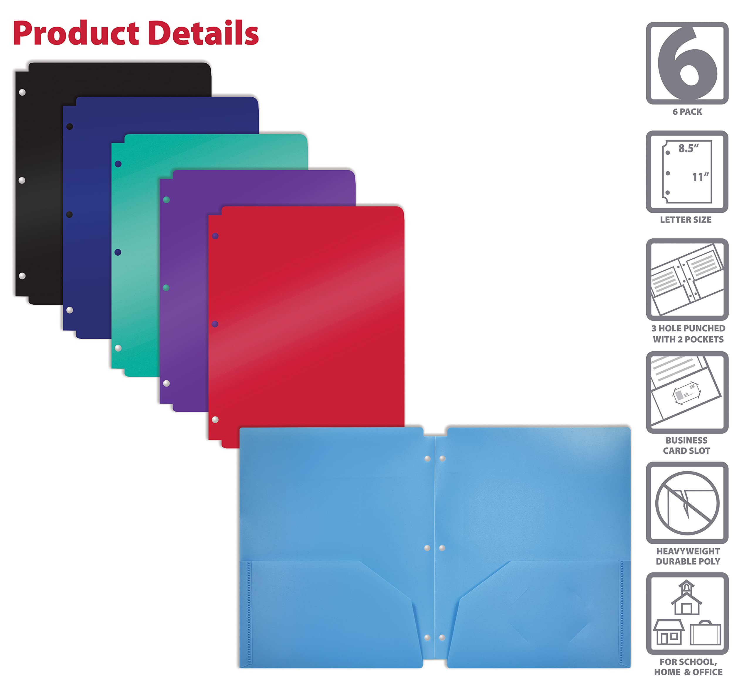 3 Hole Punch Pocket Folders, Bulk Pack, Sturdy Plastic 2 Pocket Folders ...