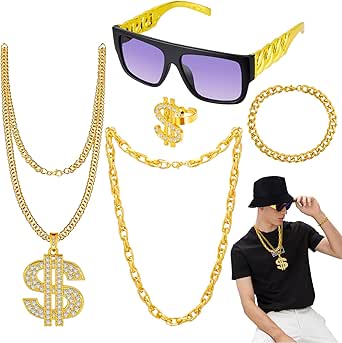 Hysagtek 80s 90s Hip Hop Costume Kit, 5Pcs Hip Hop Fancy Dress Rapper ...