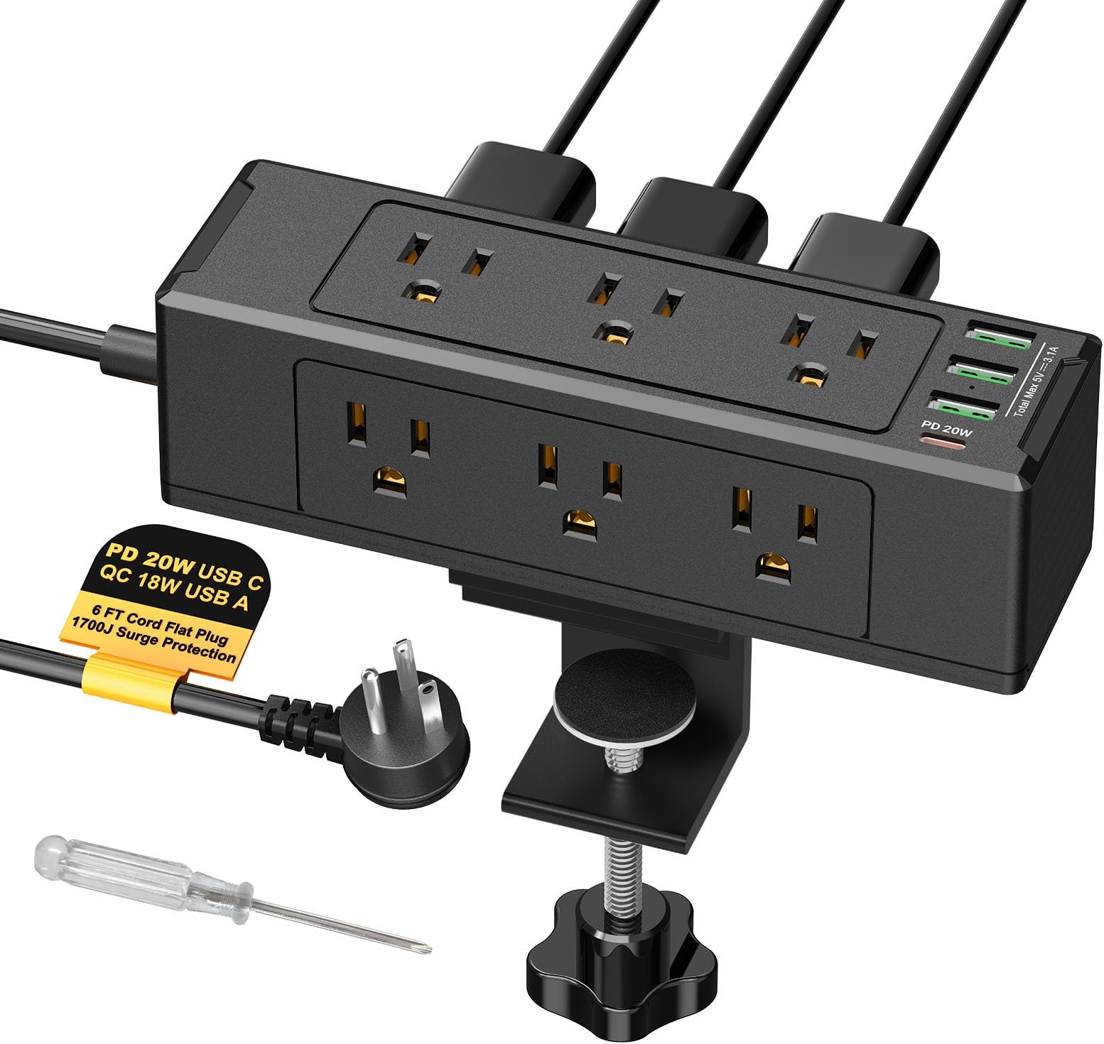 Amazon.com: Desk Clamp Power Strip with USB C, Desk Surge Protector ...
