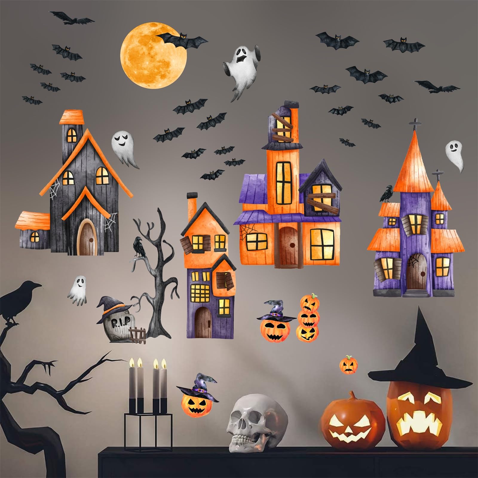 Amazon.com: Large Halloween Wall Stickers Watercolor Halloween Haunted ...