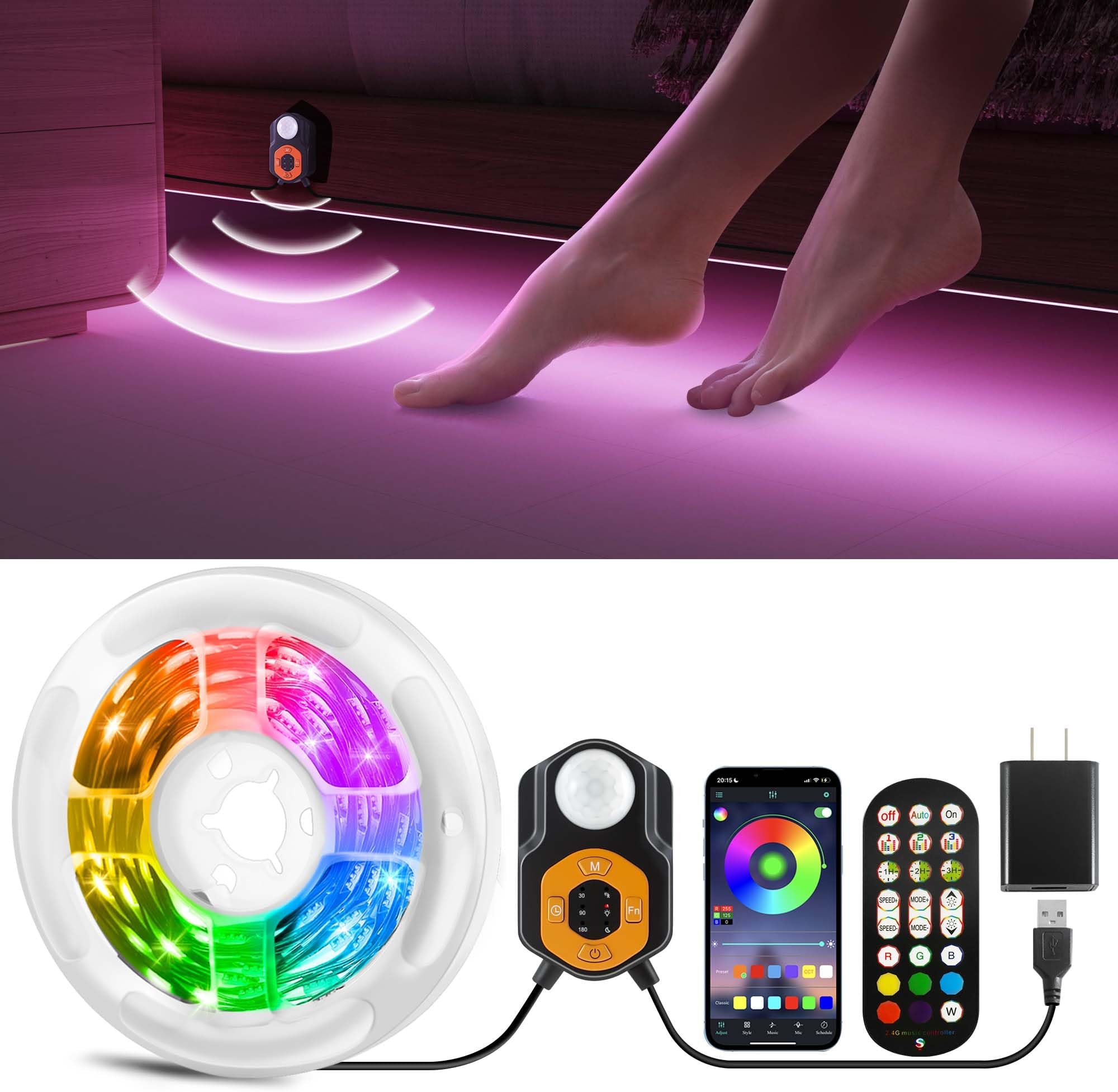 Amazon.com: Auplf Under Bed Lights Motion Sensor LED Light Strip, 20ft ...