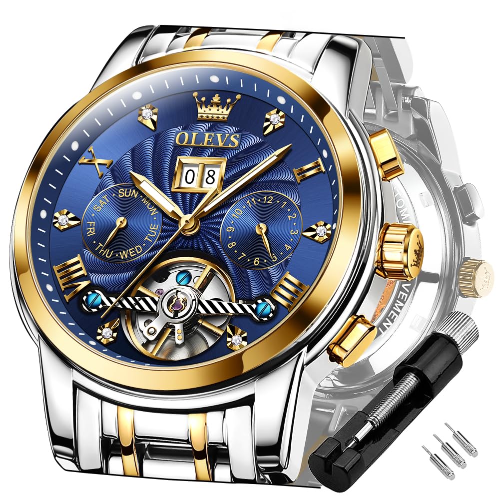 OLEVS Tourbillon Automatic Analogue Watches for Men Skeleton Diamond ...