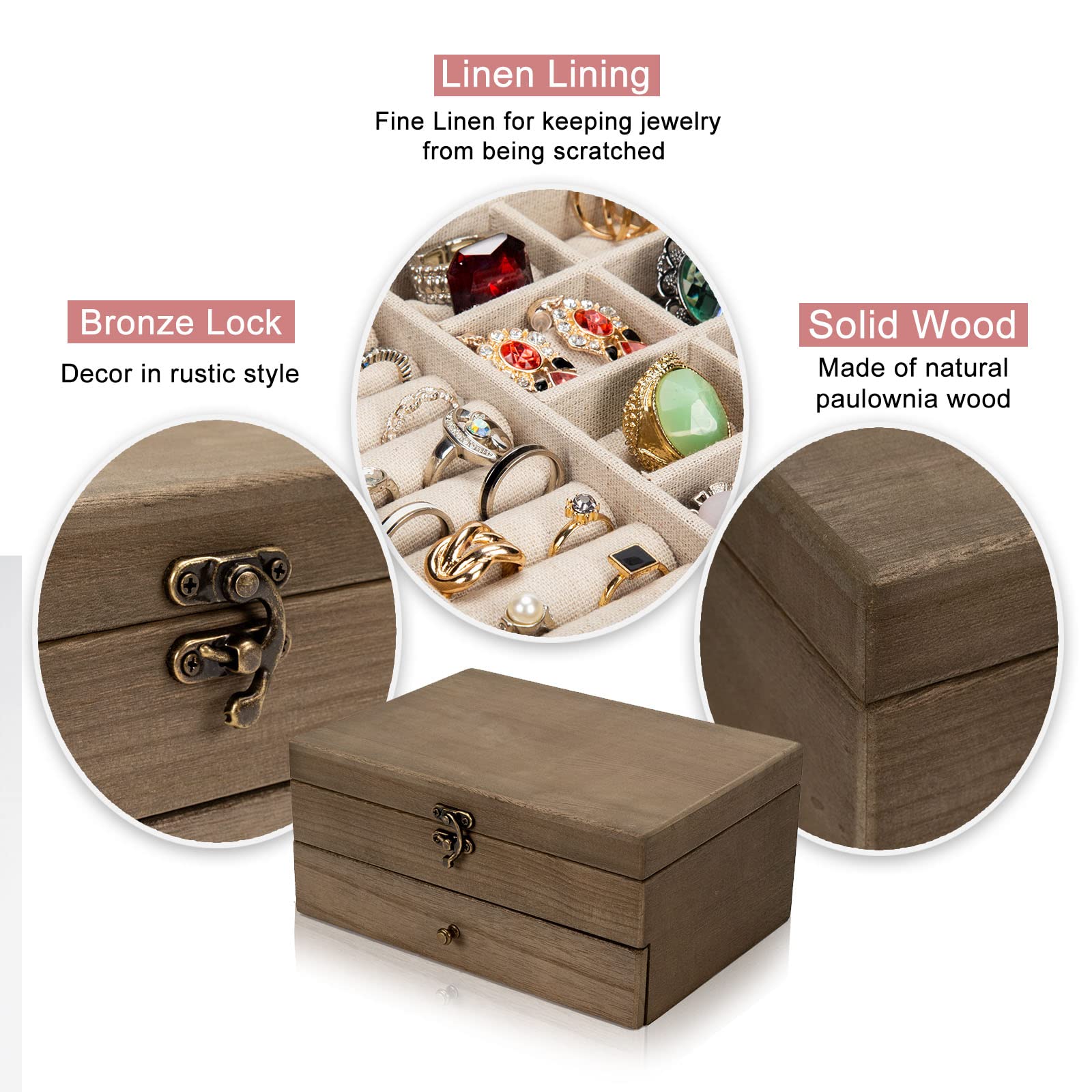 Pinzoveco Jewelry Box for Women, Rustic Wooden Jewelry Organizer Box ...
