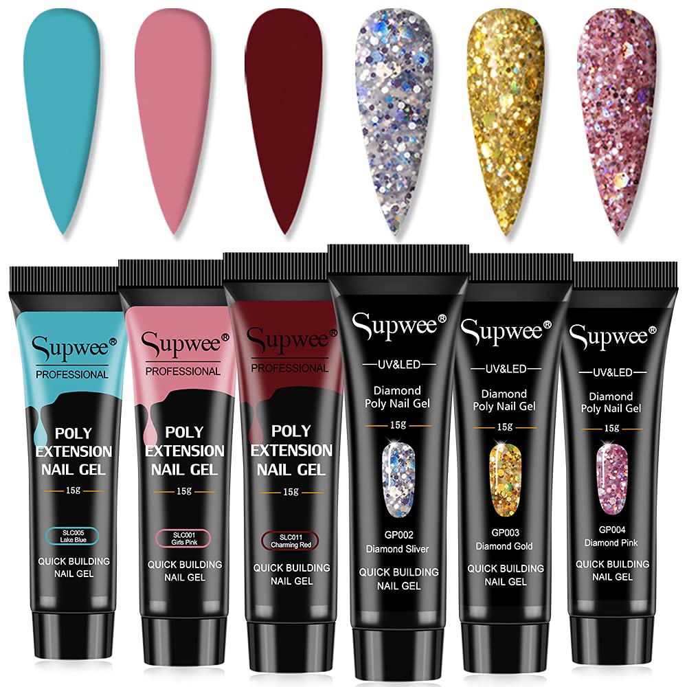 Amazon.com : SUPWEE Glitter Poly Nail Gel Set 6 Colors Builder Nail ...