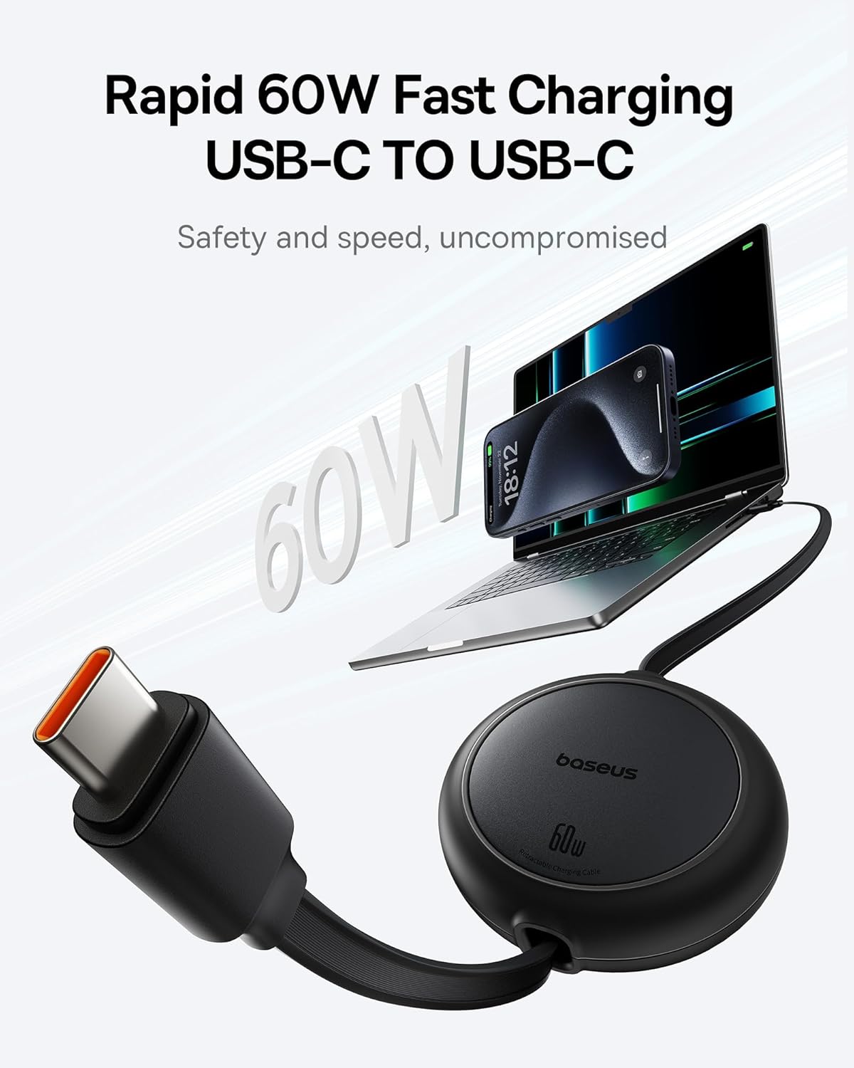 USB C Cable, Baseus 60W Mini Retractable USBC to USBC Fast Charging ...