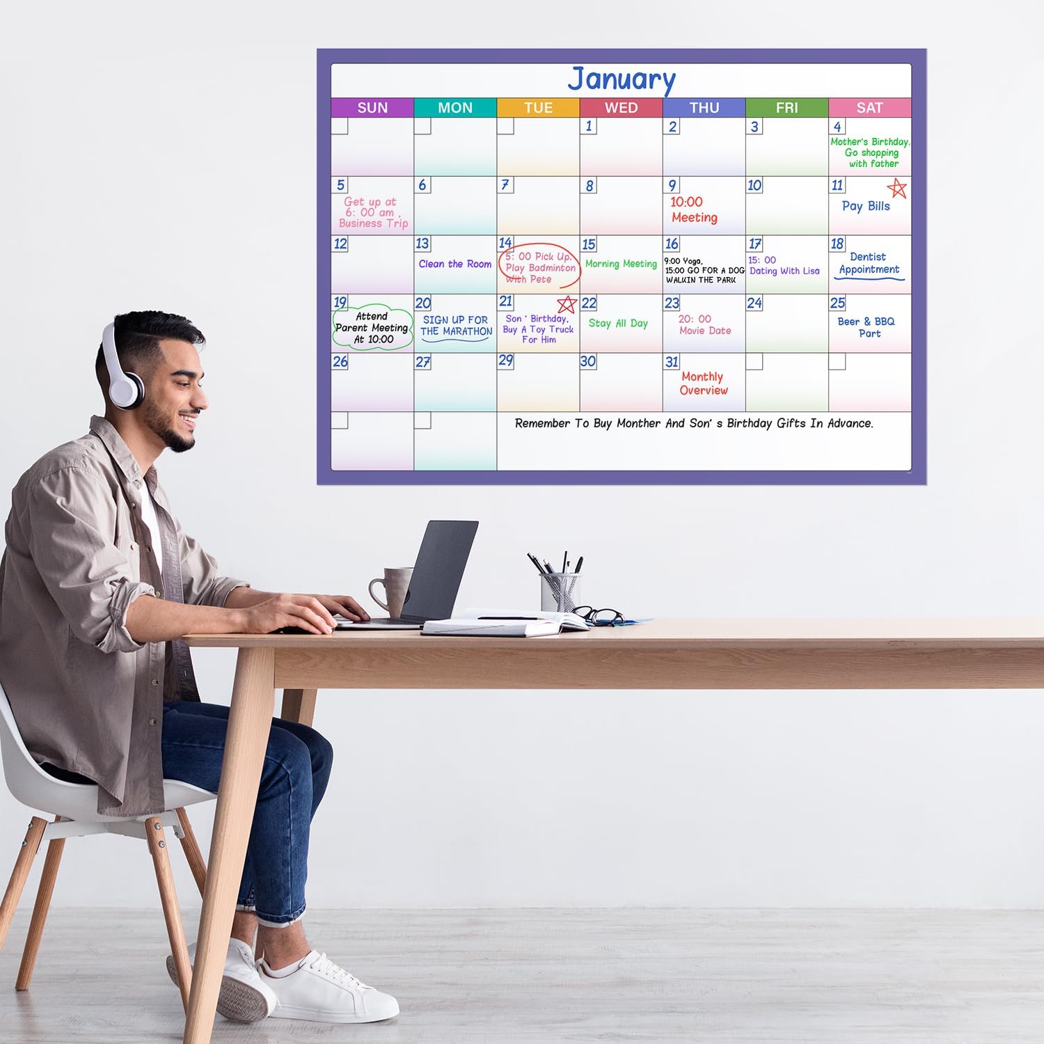 Calendario grande de borrado en seco para pared, calendario de pared de ...