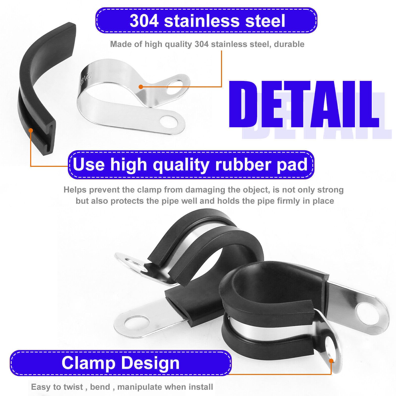 Unifizz 6Pcs 2-3/8 Inch(60mm) Cable Clamp, Rubber Cushioned Insulated ...