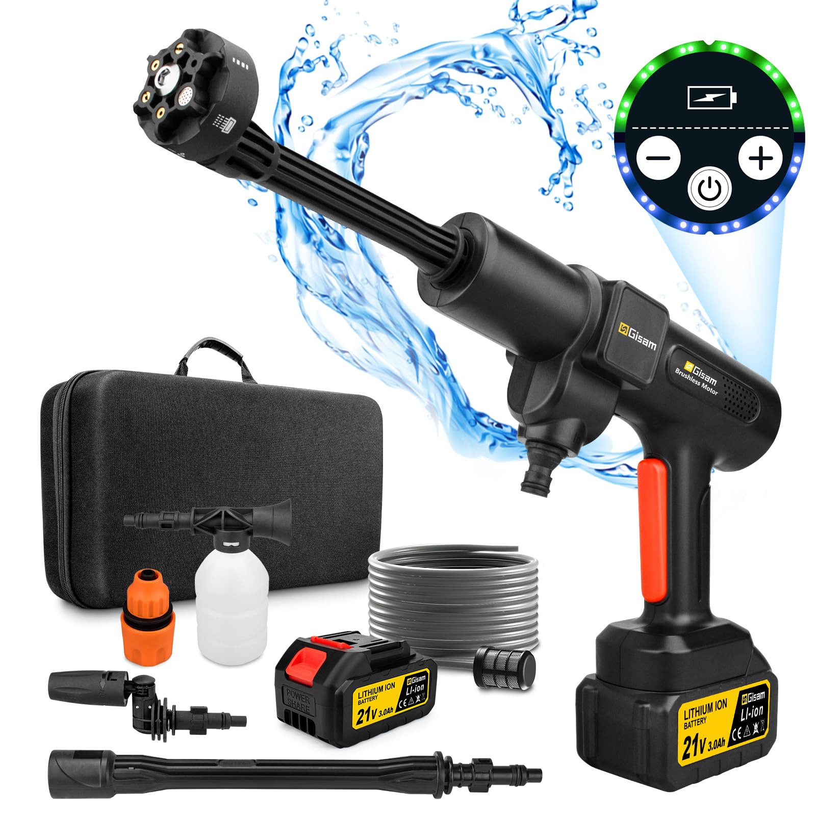 Gisam Cordless Pressure Washer, Max 35 Bar 507 PSI Jet Washers with 2 x ...