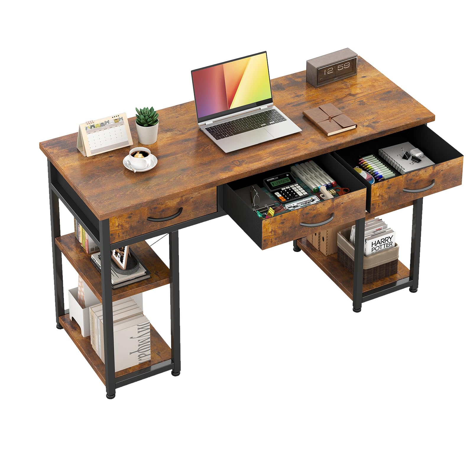 CAIYUN Computer Desk with 3 Drawers & 2 Storage Shelves, 43 inch Home ...