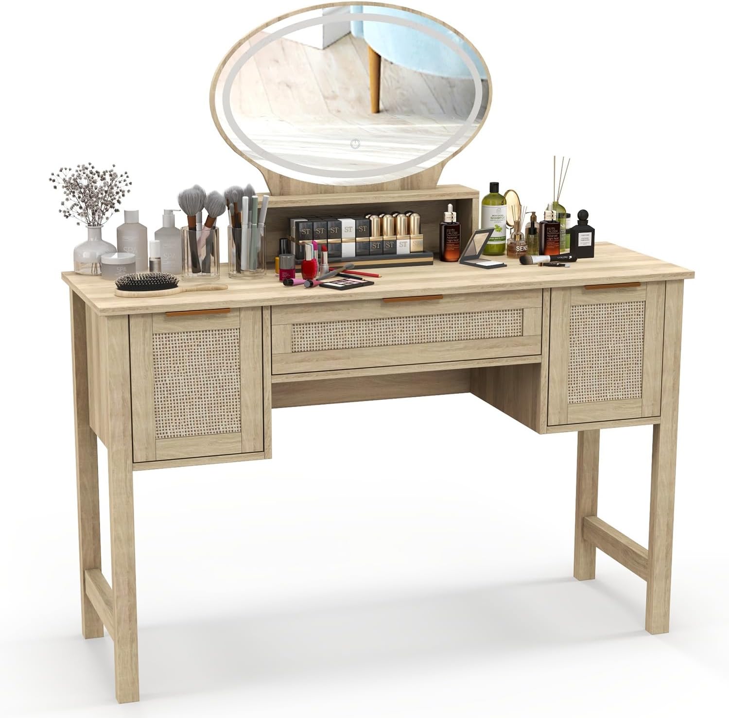 Amazon.com: Vikiullf Rattan Vanity Desk with Led Lighted Mirror - 47 in ...