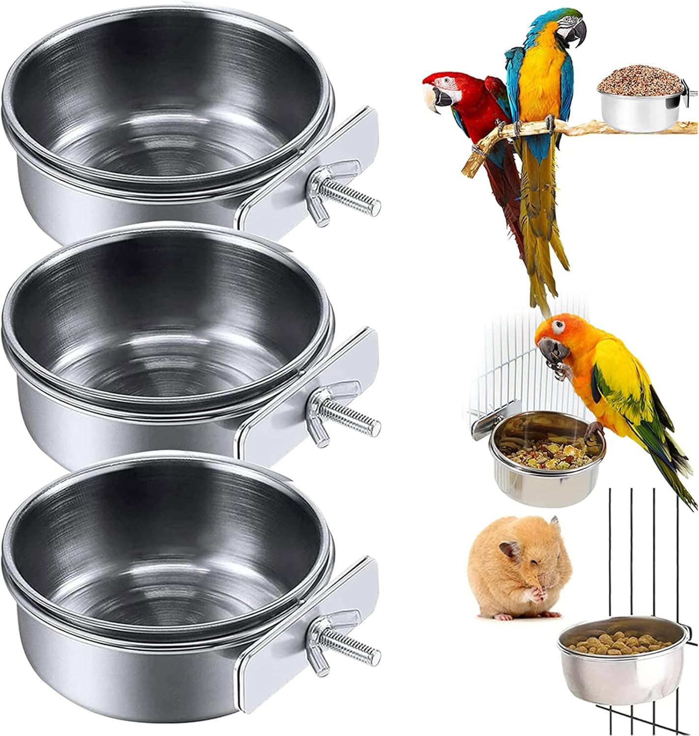 3 Pieces Stainless Steel Bird Feeding Dish Cups, Pet Cage Seed Feeder ...
