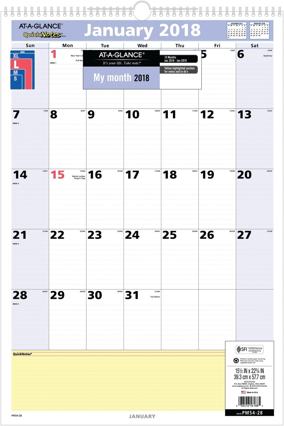 Amazon.com: AT-A-GLANCE Monthly Wall Calendar, QuickNotes, January 2018 ...