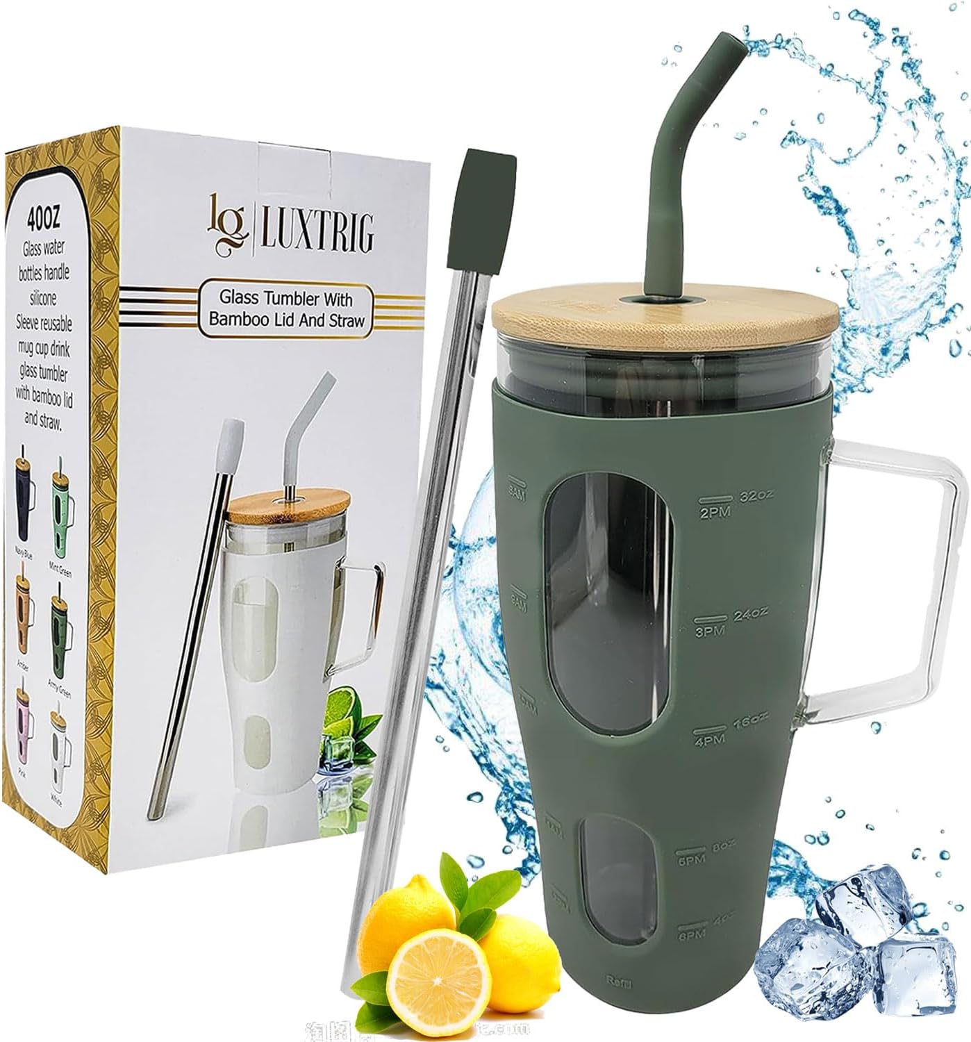 Amazon.com | LUXTRIG 40oz Glass Tumbler with Straw and Lid | Reusable ...