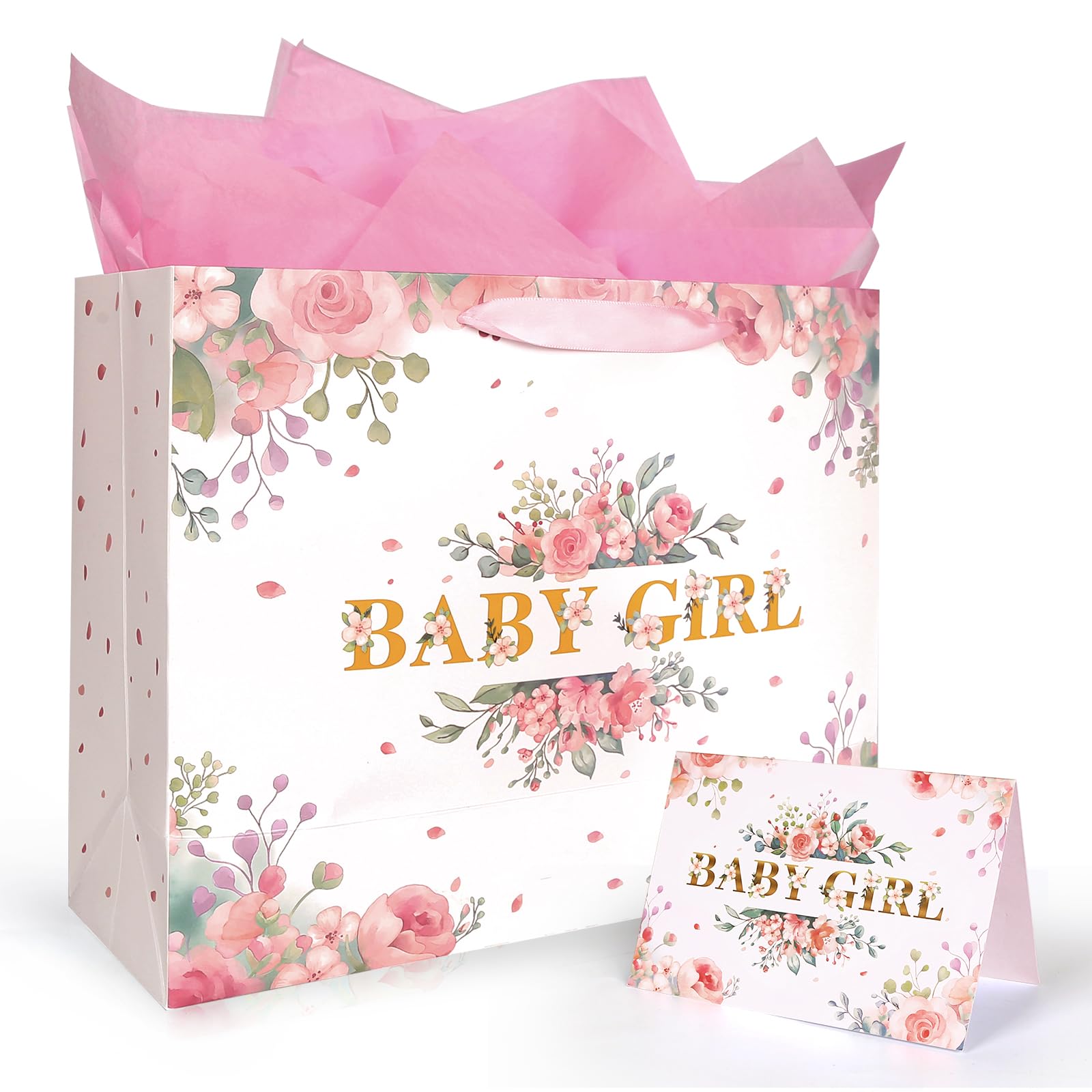 Amazon.com: 13'' Large Pink Floral Gift Bag for Baby Girl - Includes ...