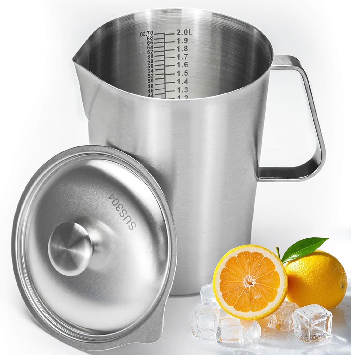Amazon.com: Stainless Steel Pitcher with Lid, 70 oz Metal Measuring Cup with Marking with Handle ...