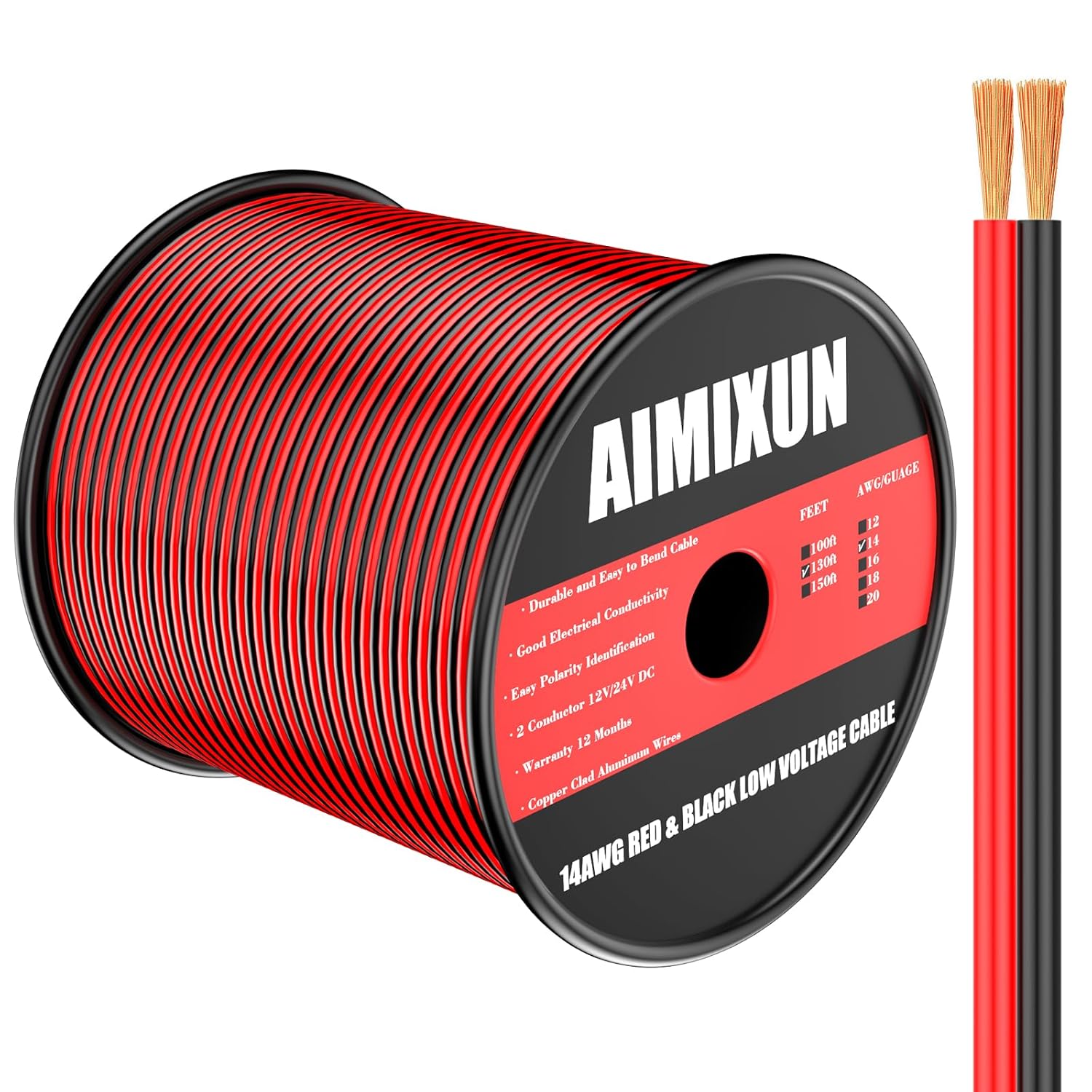 AIMIXUN 14 Gauge Wire Electrical 130FT, Red and Black Cable 12V 14AWG Wire 2 Conductor Parallel ...