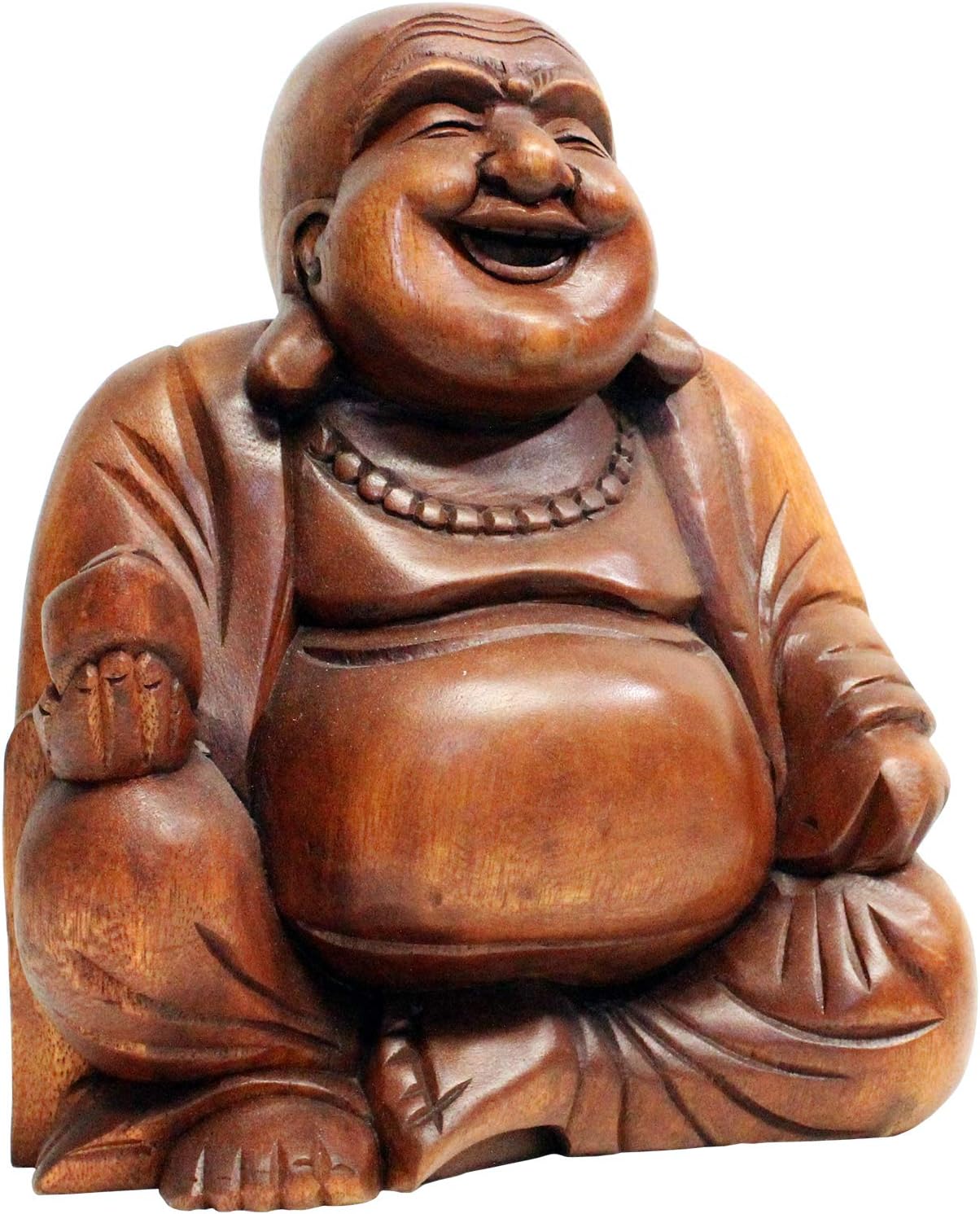 Cohasset Chinese Jolly Buddha Statue, Wood, Hand Carved Brown Mahogany ...