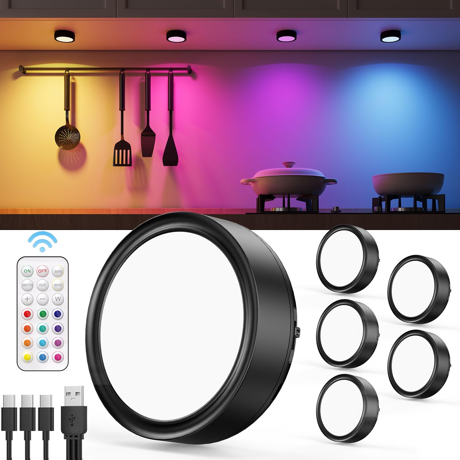 USB Rechargeable Color Changing Puck Lights, Black Battery Operated Tap ...