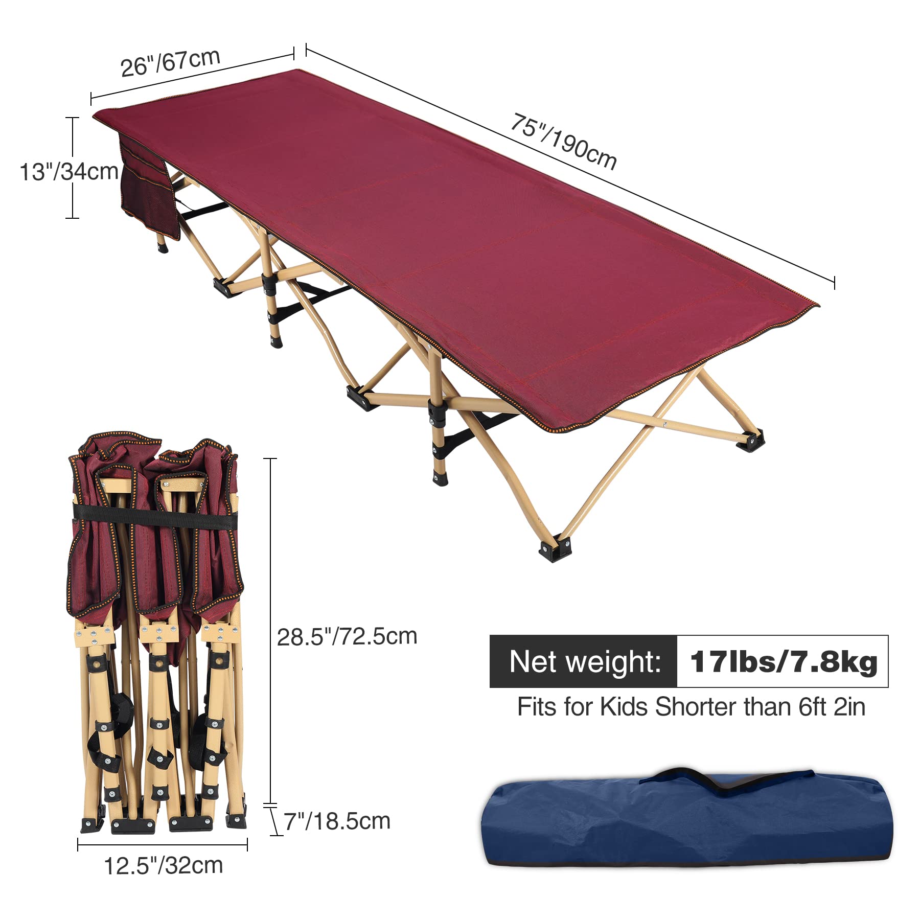 Snapklik.com : REDCAMP Extra Long Folding Kids Cot For Sleeping 7-15