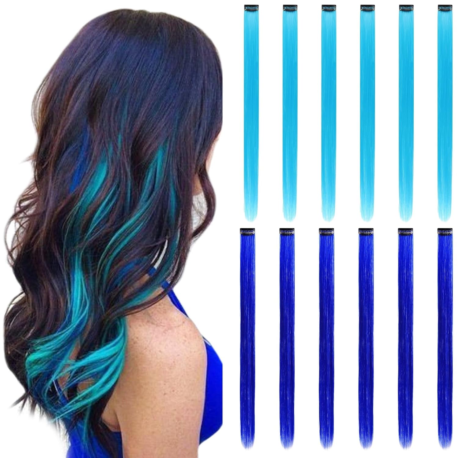 Amazon.com : Colored Hair Extensions Clip In, 12 Pieces, 6 Blue + 6 ...