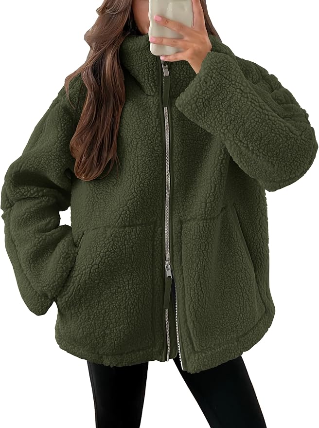 ANRABESS Womens Fleece Jacket Oversized Zip Up Sherpa Fuzzy Casual ...