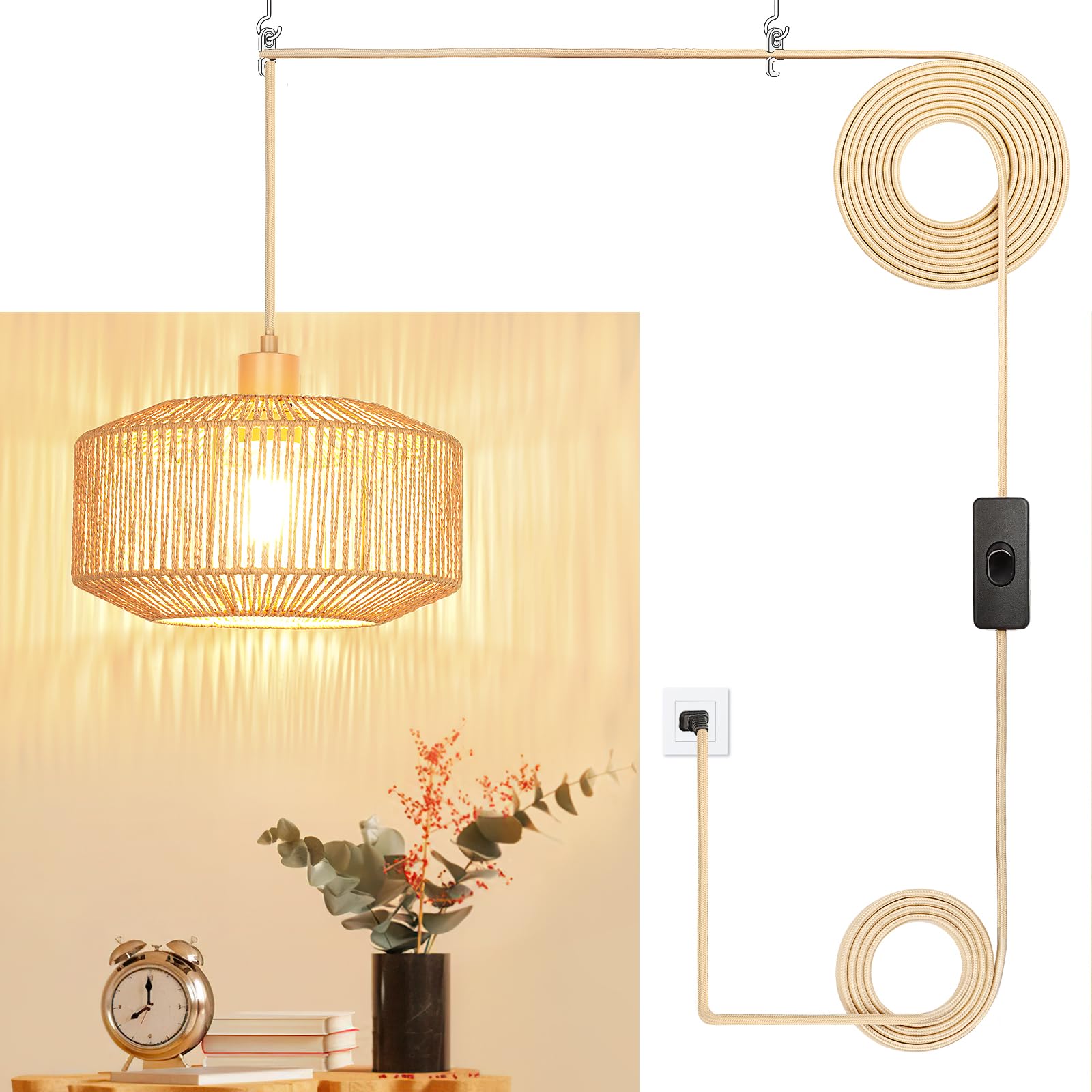 Plug in Pendant Light Paper Woven Rattan Hanging Lights Boho Hanging ...