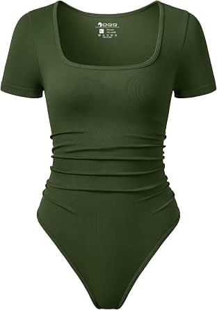 OQQ Women Bodysuits Ruched Short Sleeve Square Neck Stretch Lounge ...