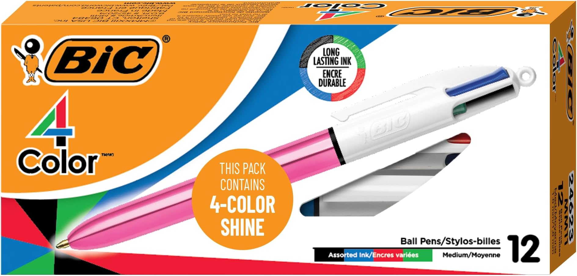 BIC 4-Color Original Retractable Ball Pens, Medium Point (1.0mm), 12 ...