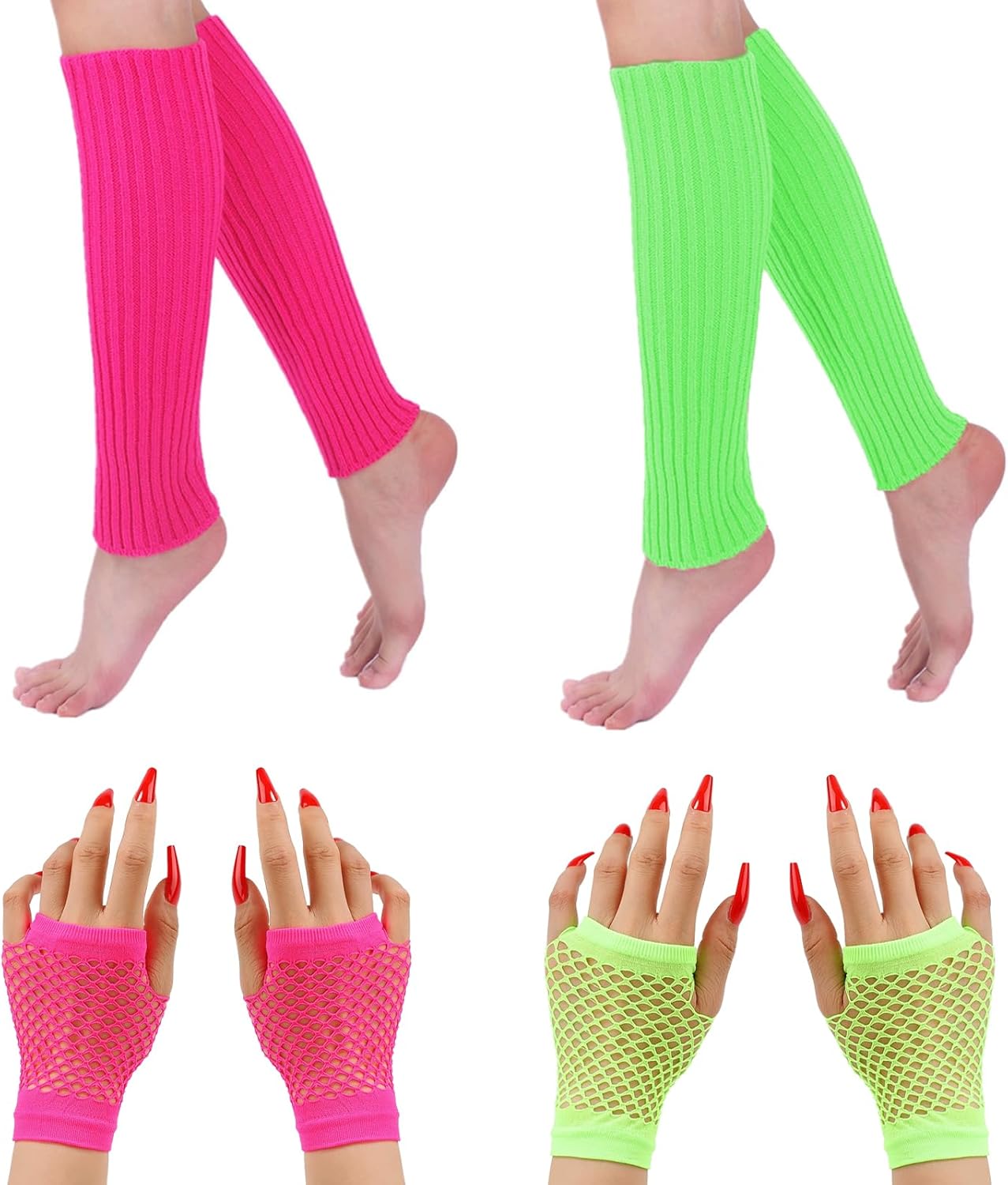 COWANIEE 2 Pairs Neon Leg Warmers+2 Pairs Fishnet Gloves 80s Fancy ...