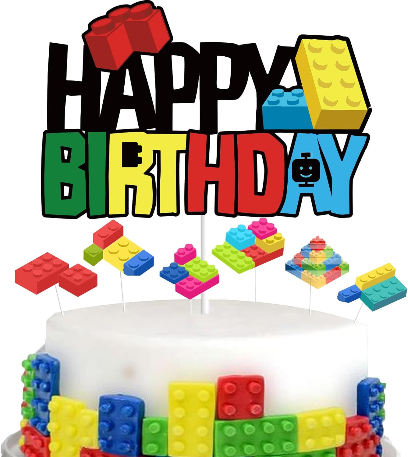 Amazon.com: 7Pcs Building Blocks Happy Birthday Cake Topper Colorful ...