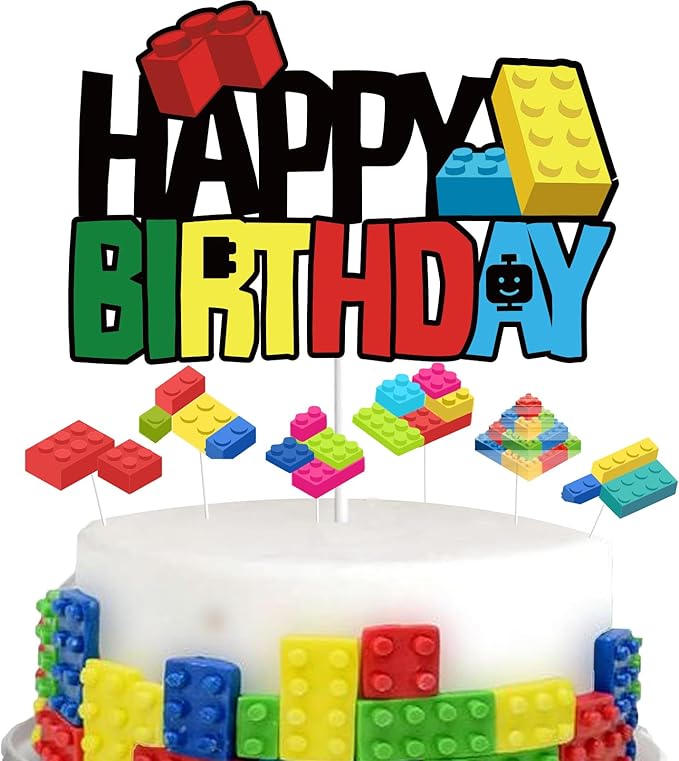 Amazon.com: 7Pcs Building Blocks Happy Birthday Cake Topper Colorful ...