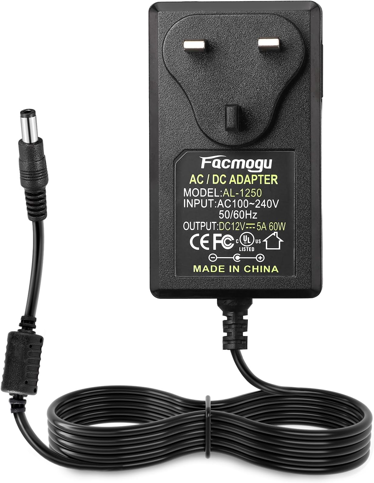 Facmogu 12V 5A 60W Power Supply Adapter, AC 100-240V to DC 12V Power ...