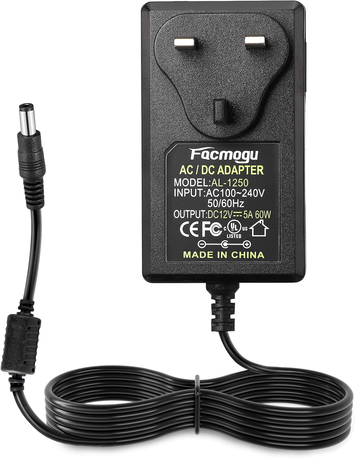Facmogu 12V 5A 60W Power Supply Adapter, AC 100-240V to DC 12V Power ...
