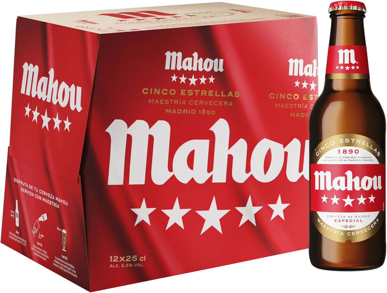 Mahou 5 Estrellas, Pack de 12 Botellas x 25 cl, Cerveza Especial Dorada ...