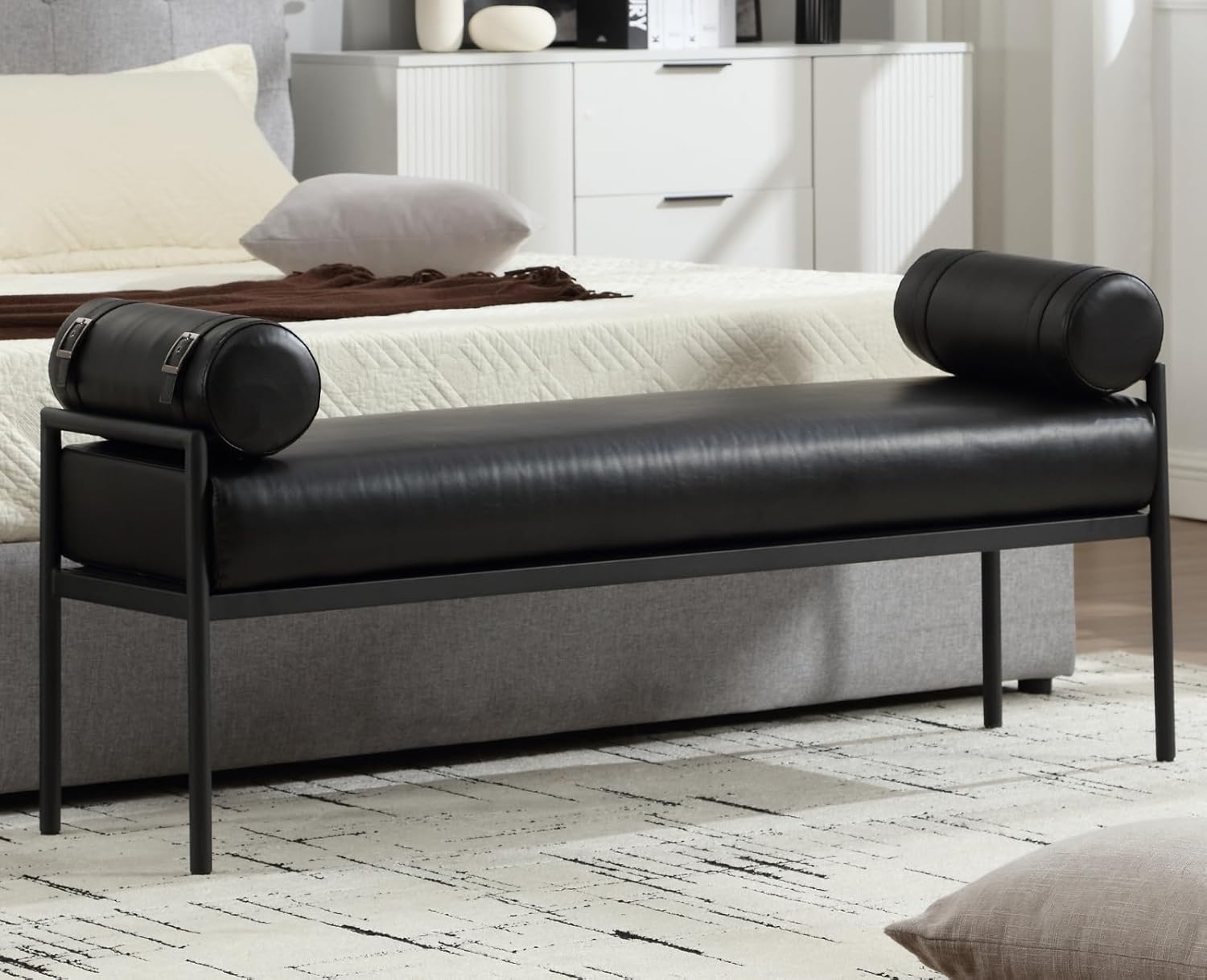 Amazon.com - Shunzhi Black Leather Modern End of Bed Bench Upholstered ...