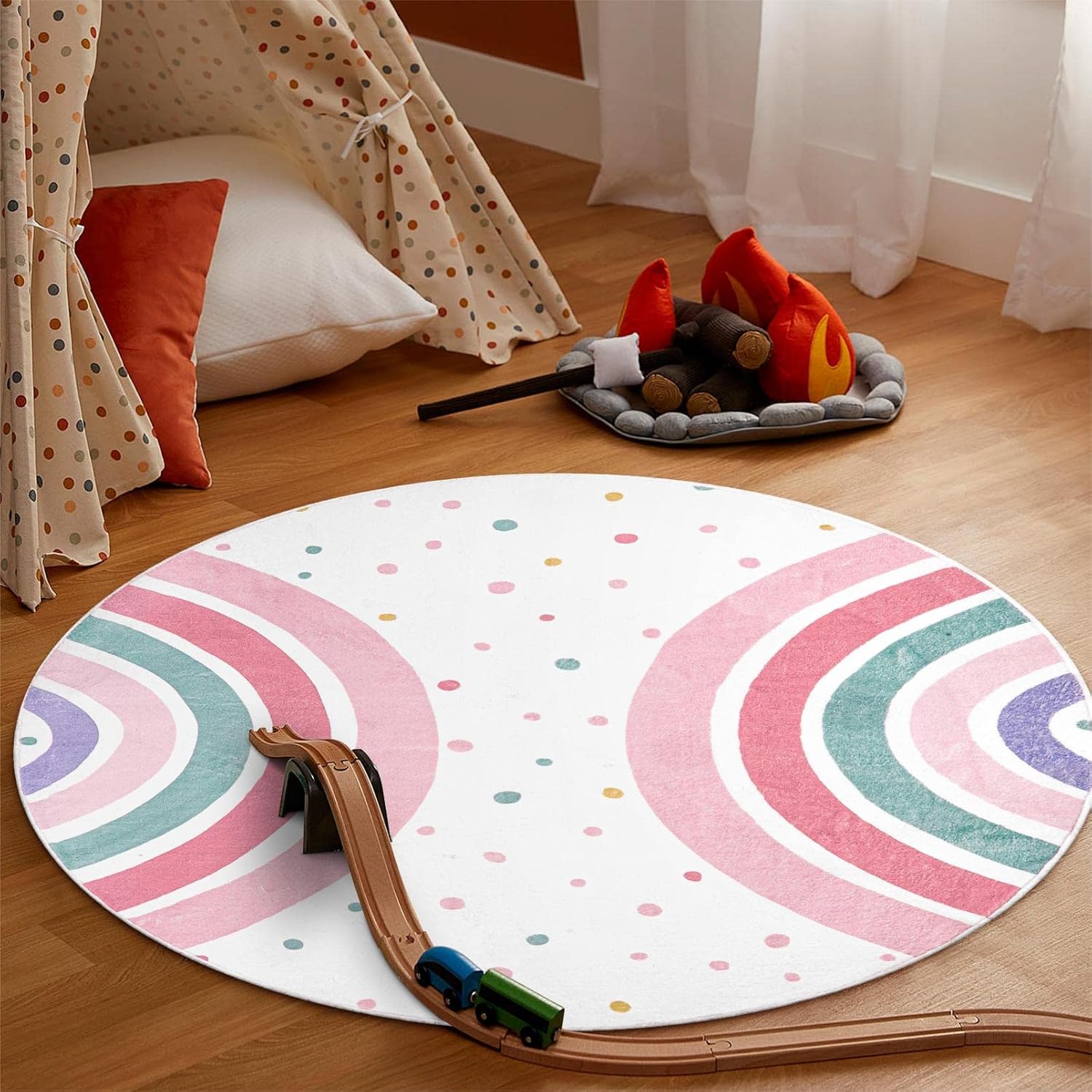 Pink Round Rug for Nursery, 4 Ft Rainbow Washable Rug for Kids Room ...