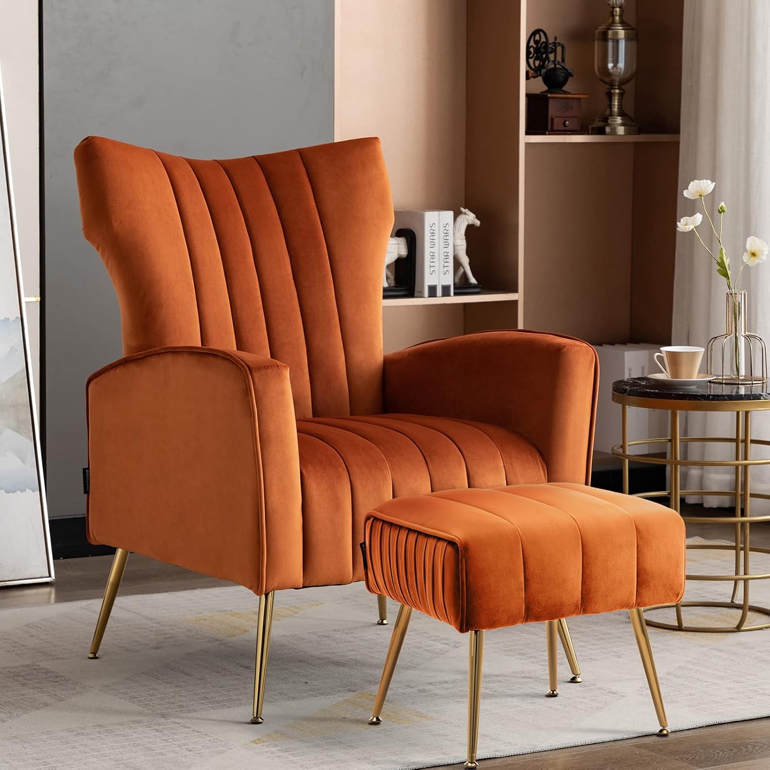 Amazon.com: Artechworks Velvet Accent Chair with Ottoman Metal Golden ...