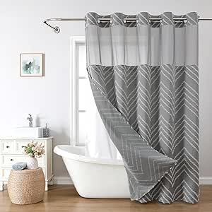 Amazon.com: Grey No Hook Shower Curtain with Snap-in Liner Set,Boho Modern Farmhouse White ...
