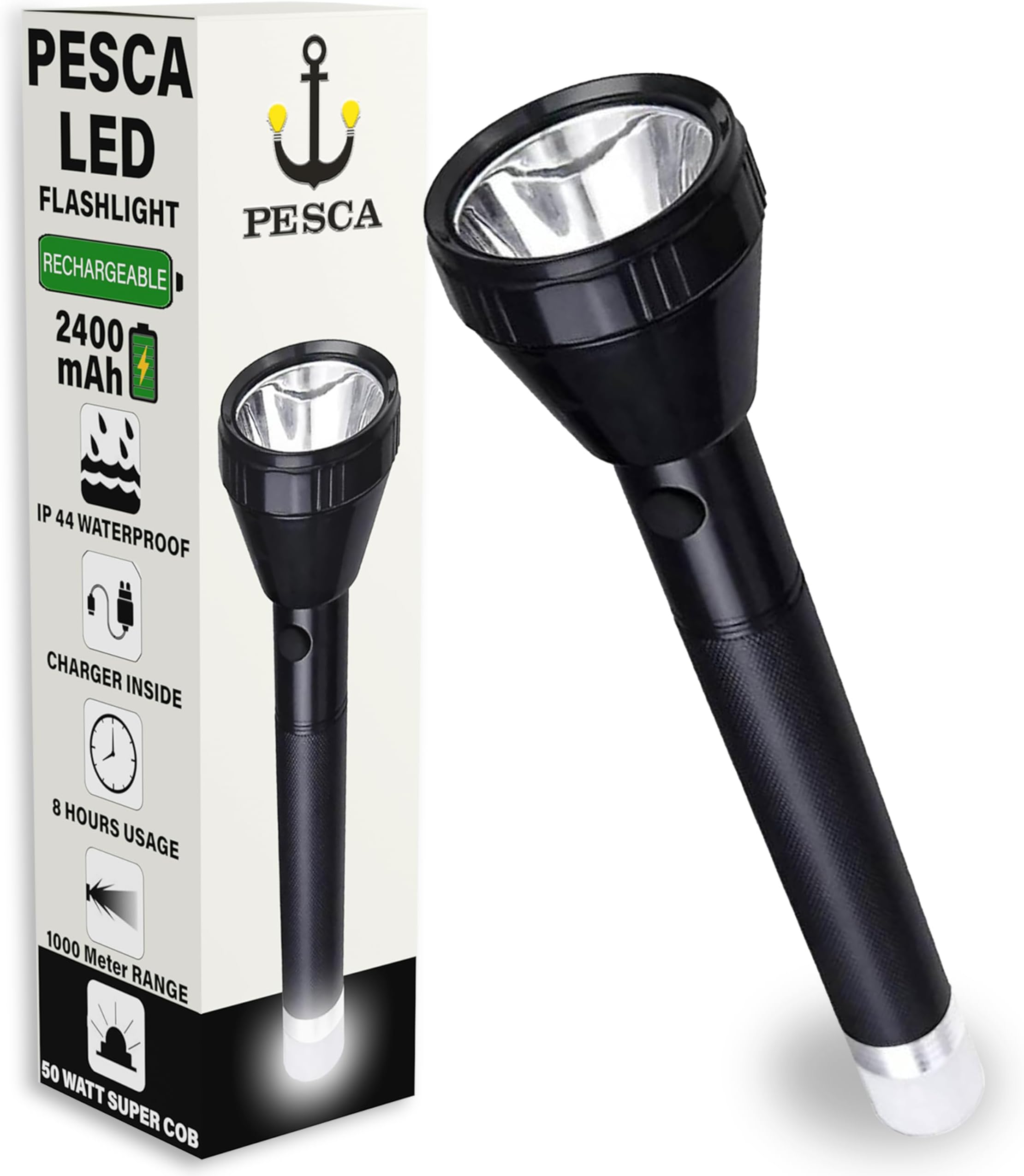 PESCA 50W Dual Mode Waterproof Rechargeable Long Range Torch with COB ...