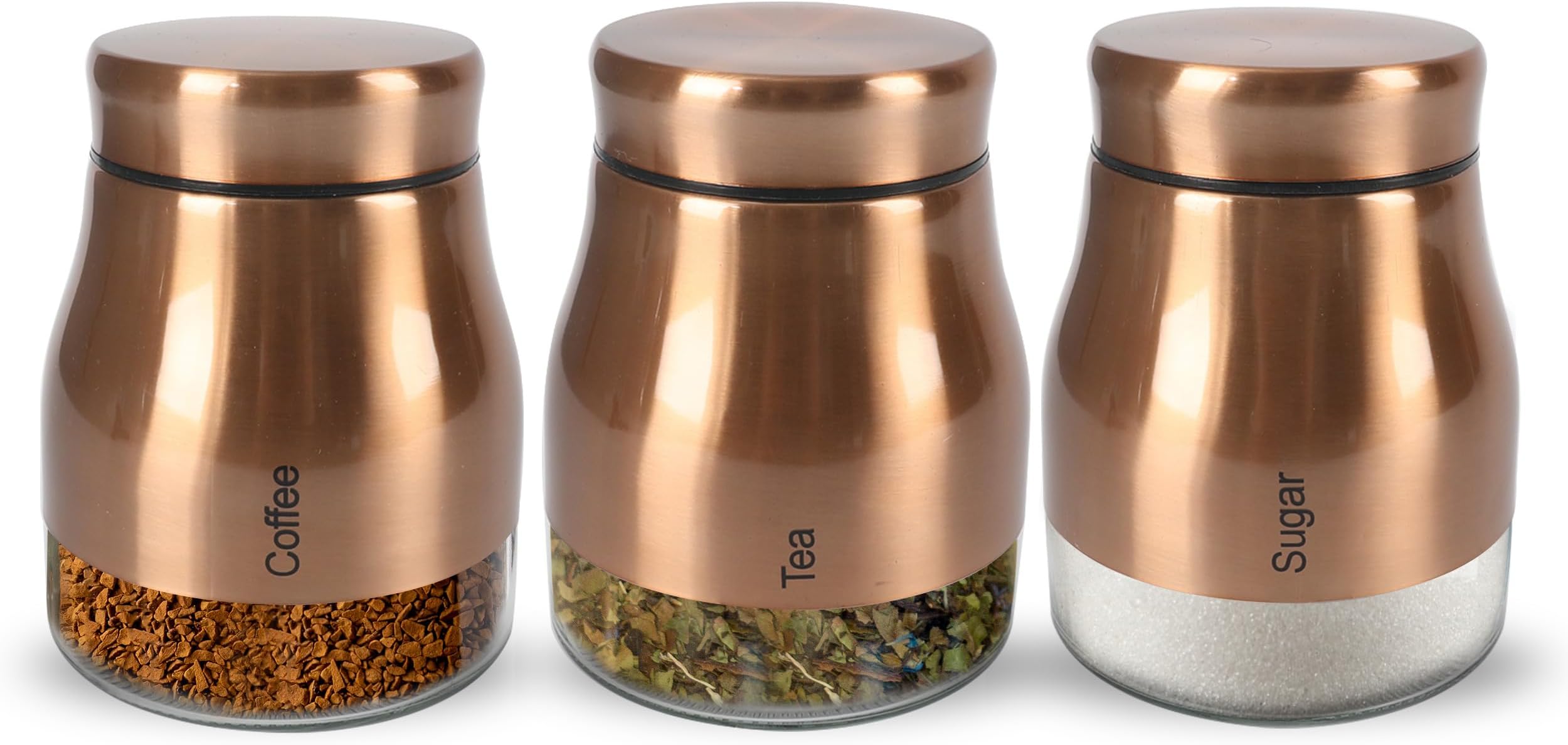 Set 3 Copper Glass Stainless Steel Tea Coffee Sugar Storage Jars ...