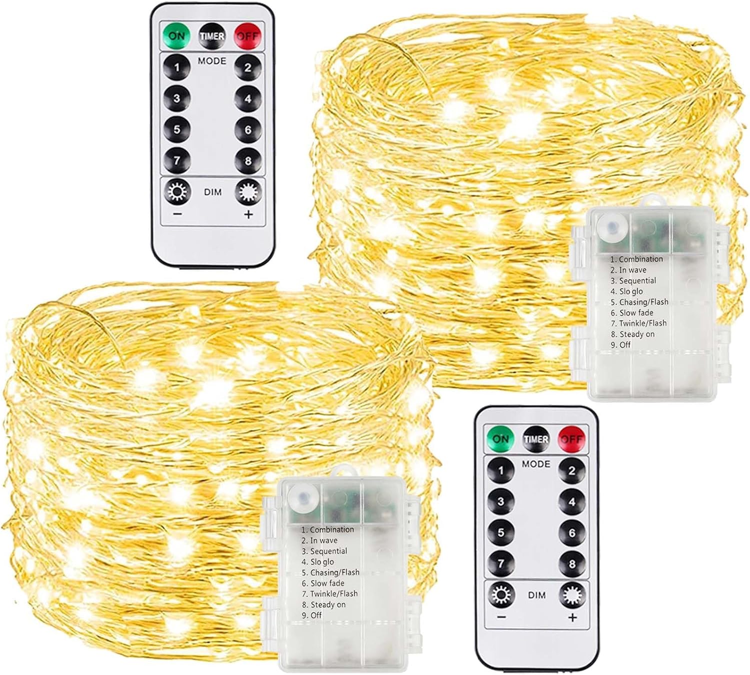 2 Pack 100LED Battery Operated Fairy Lights with Remote, 8 Modes LED ...