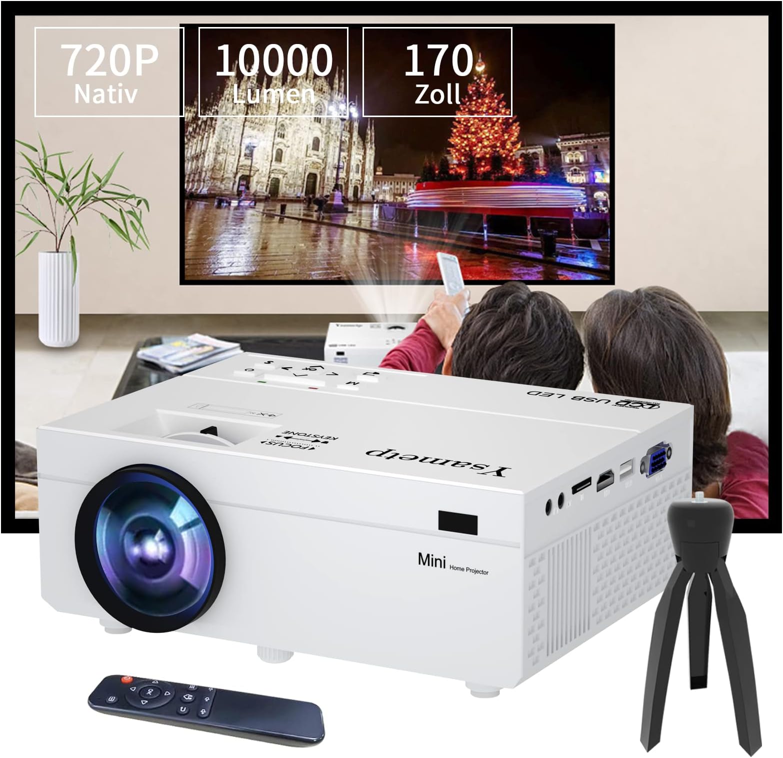 Ysametp Mini-Projektor, tragbar, 1080P, 140 Zoll , HD-Bildschirm, 10. ...